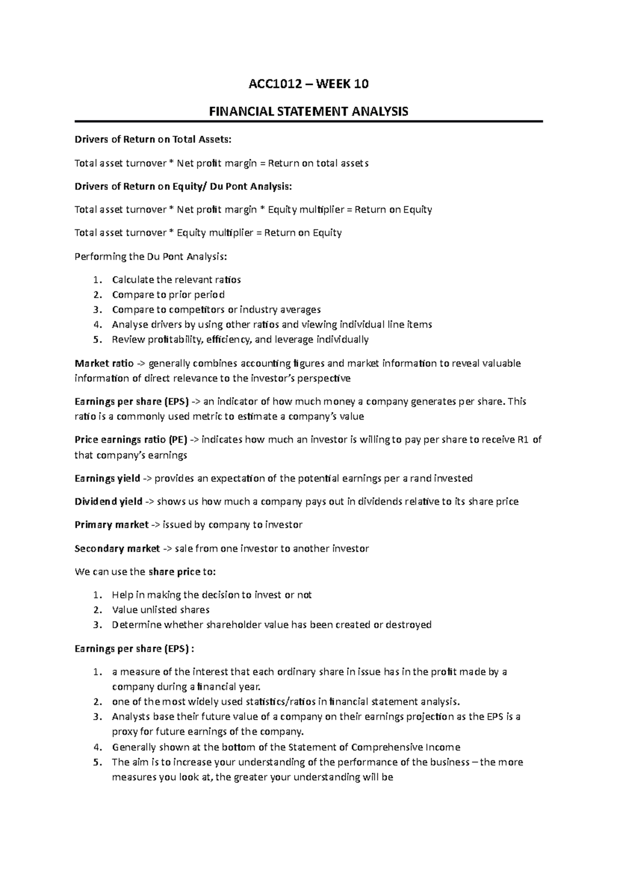 ACC1012 - WEEK 10 Notes - ACC1012 – WEEK 10 FINANCIAL STATEMENT ...