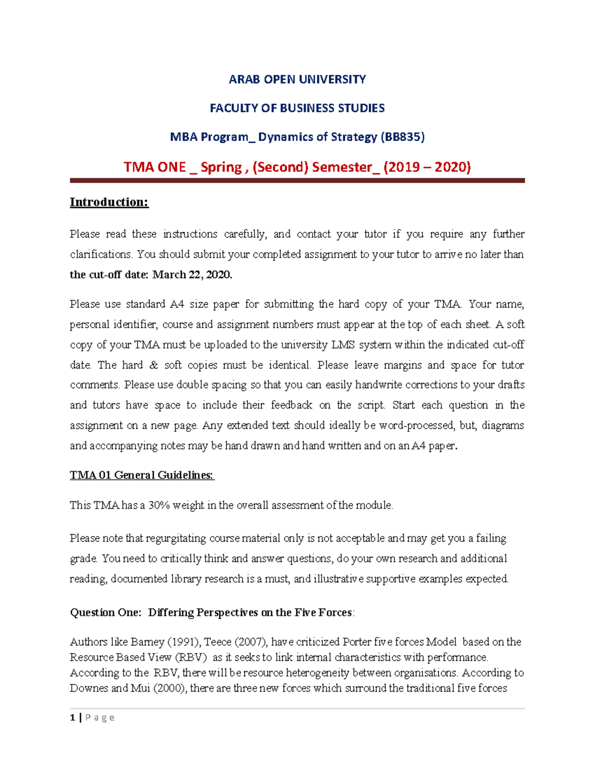 BB835 TMA ONE Spring,2020 (February) - ARAB OPEN UNIVERSITY FACULTY OF ...