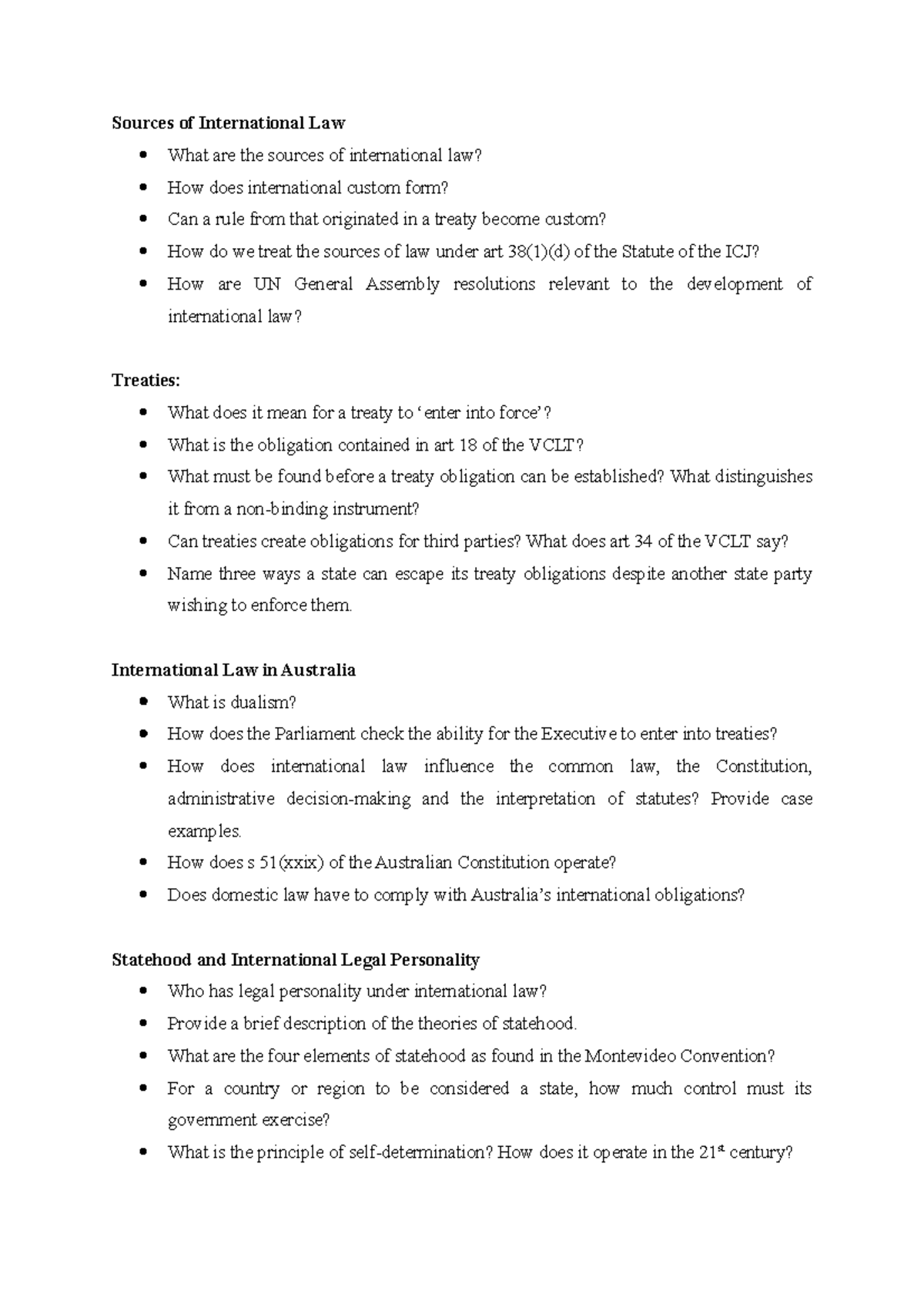 Week 12 Revision Questions (Semester 1, 2019) LAW254 - International Law - Sources of ...