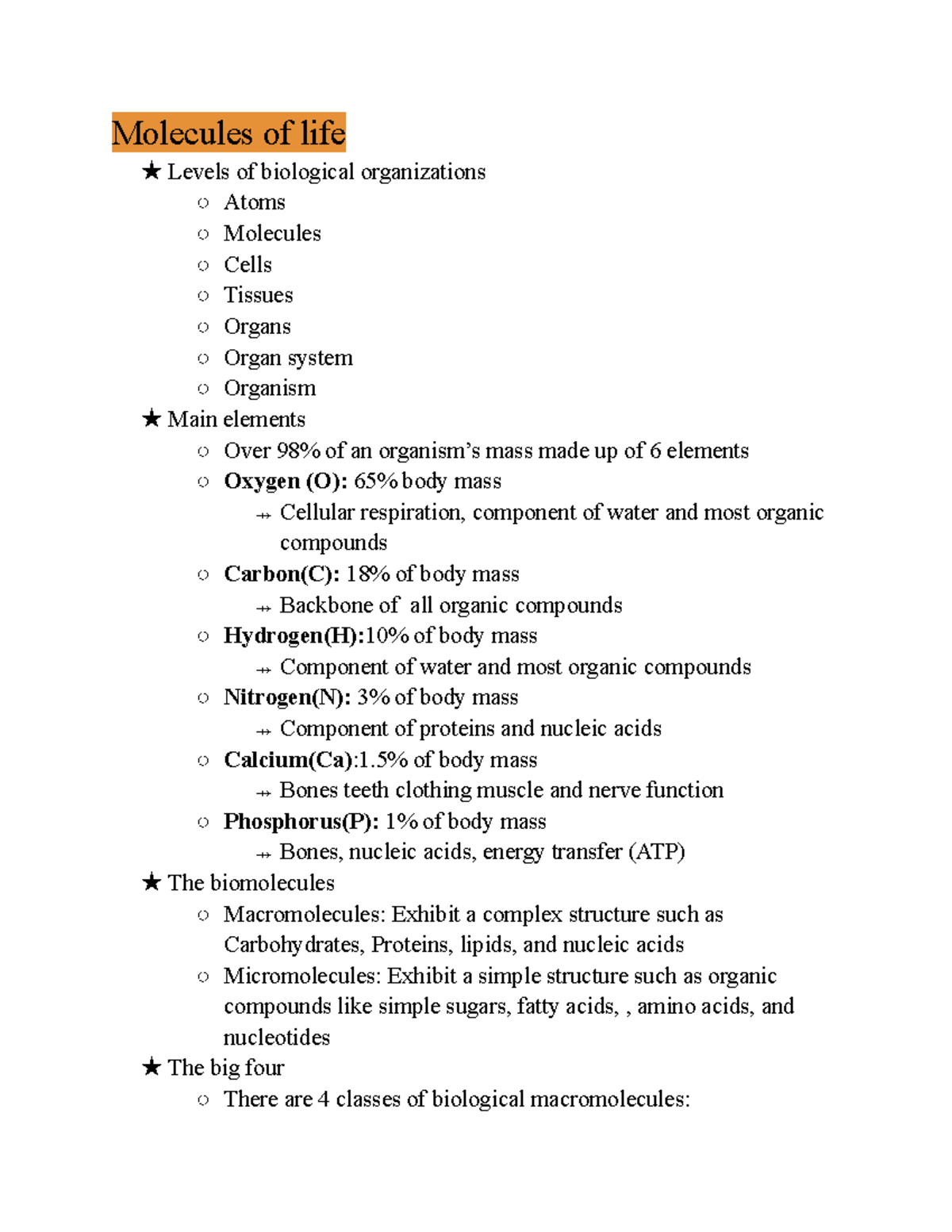 Intro to biology molecules of life - Molecules of life ★ Levels of ...