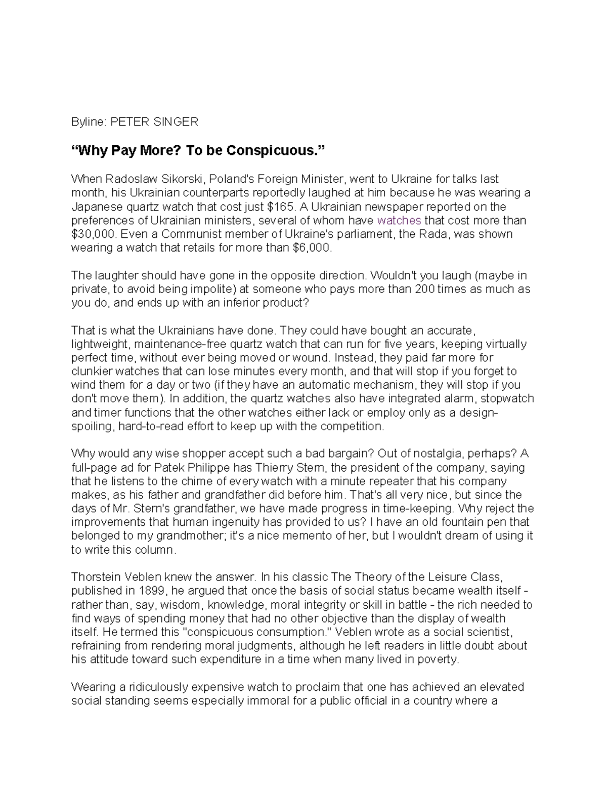 WHY PAY MORE - Reading essay for COMM161 - Byline: PETER SINGER “Why ...