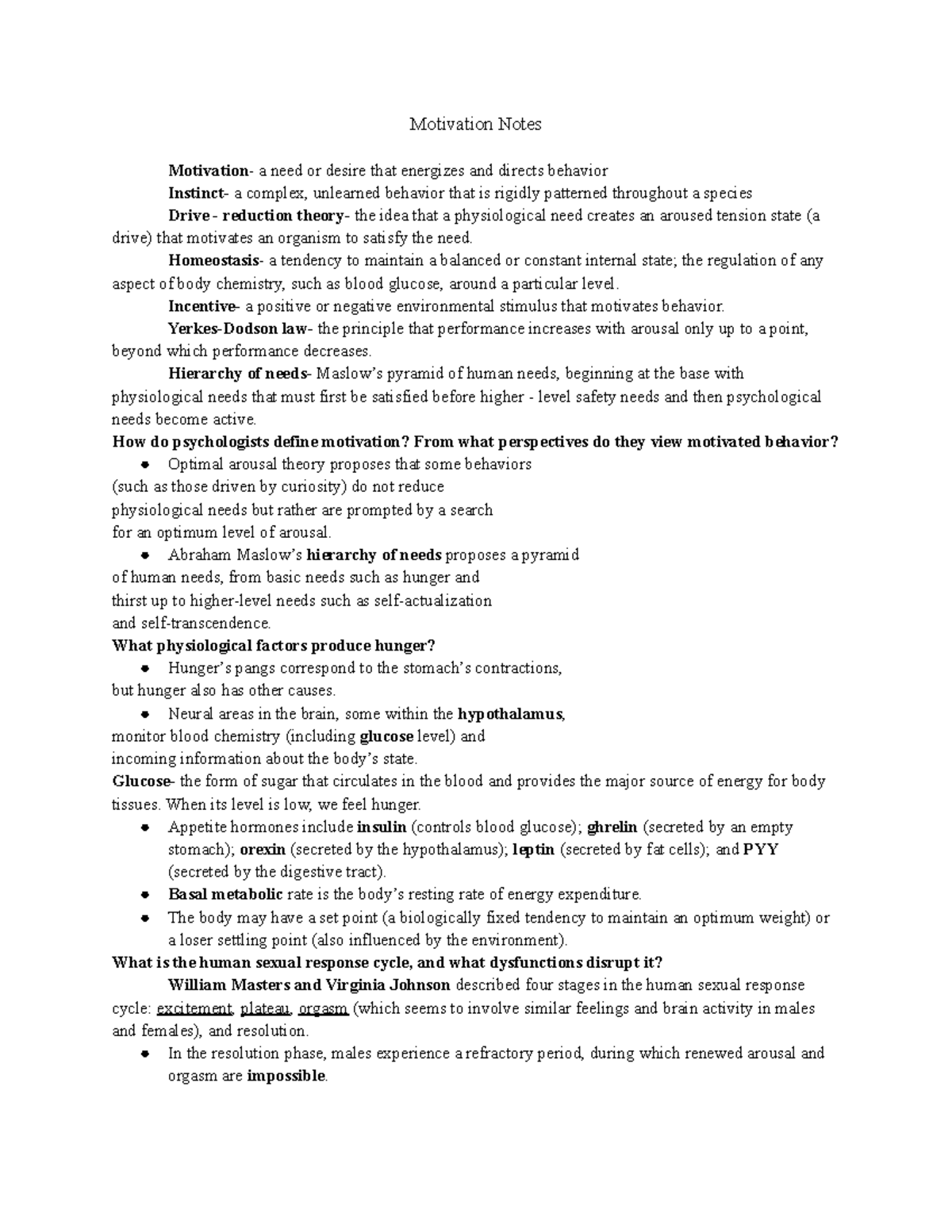 Motivation of psychology notes - Motivation Notes Motivation- a need or ...