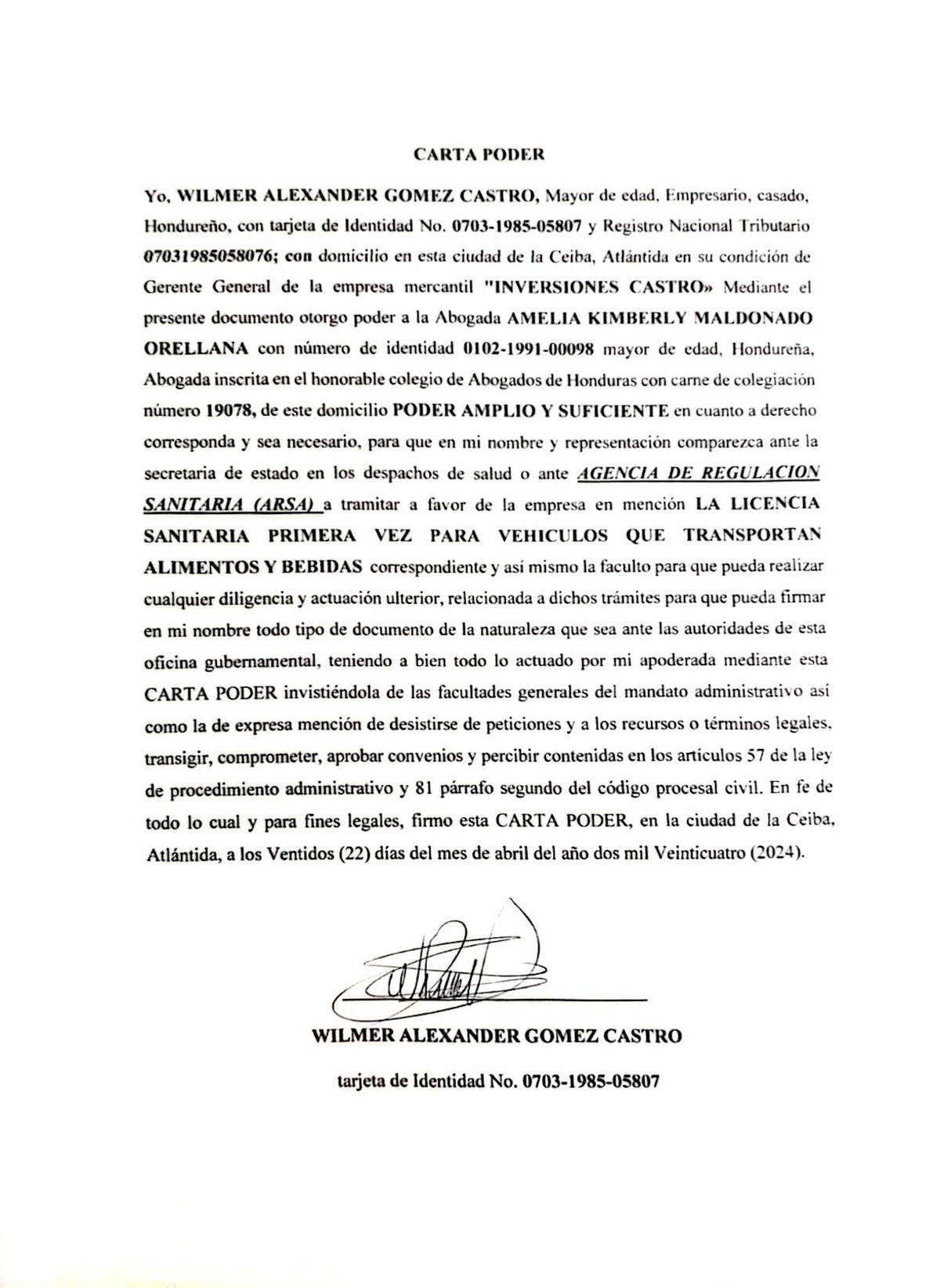 Carta poder Wilmer - Derecho Mercantil - Studocu
