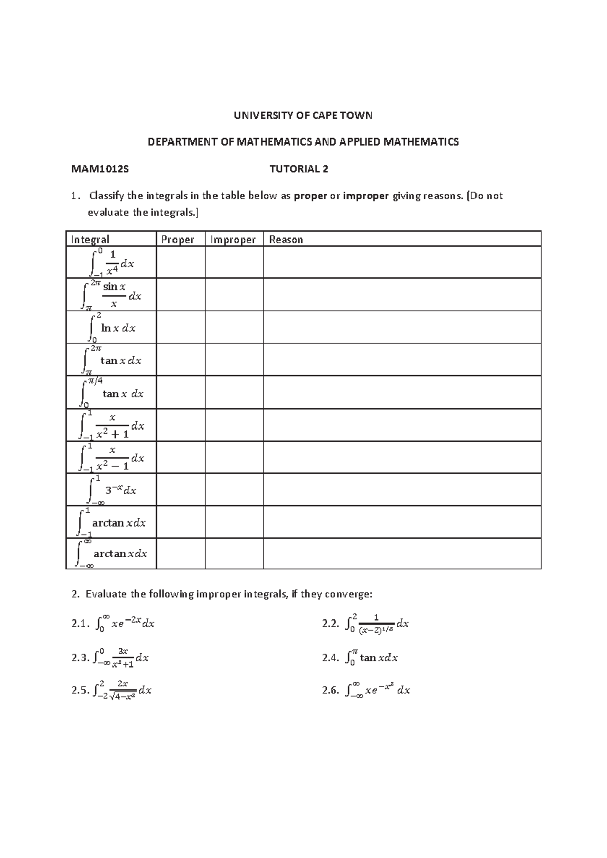 Tutorial 2 2020 - UNIVERSITY OF CAPE TOWN DEPARTMENT OF MATHEMATICS AND ...