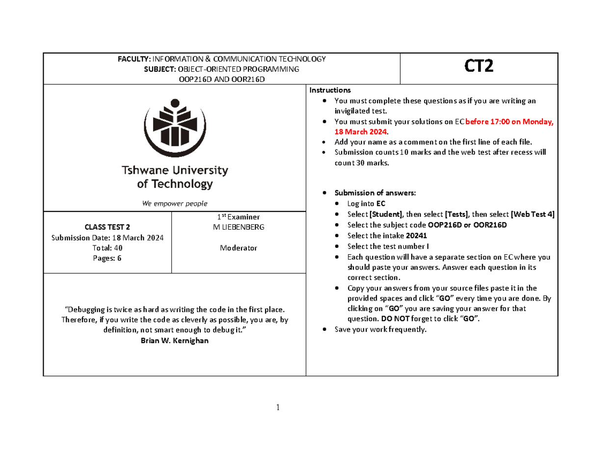 OOP216D OOR216D CT2 2024S1 - FACULTY: INFORMATION & COMMUNICATION TECHNOLOGY SUBJECT: - Studocu