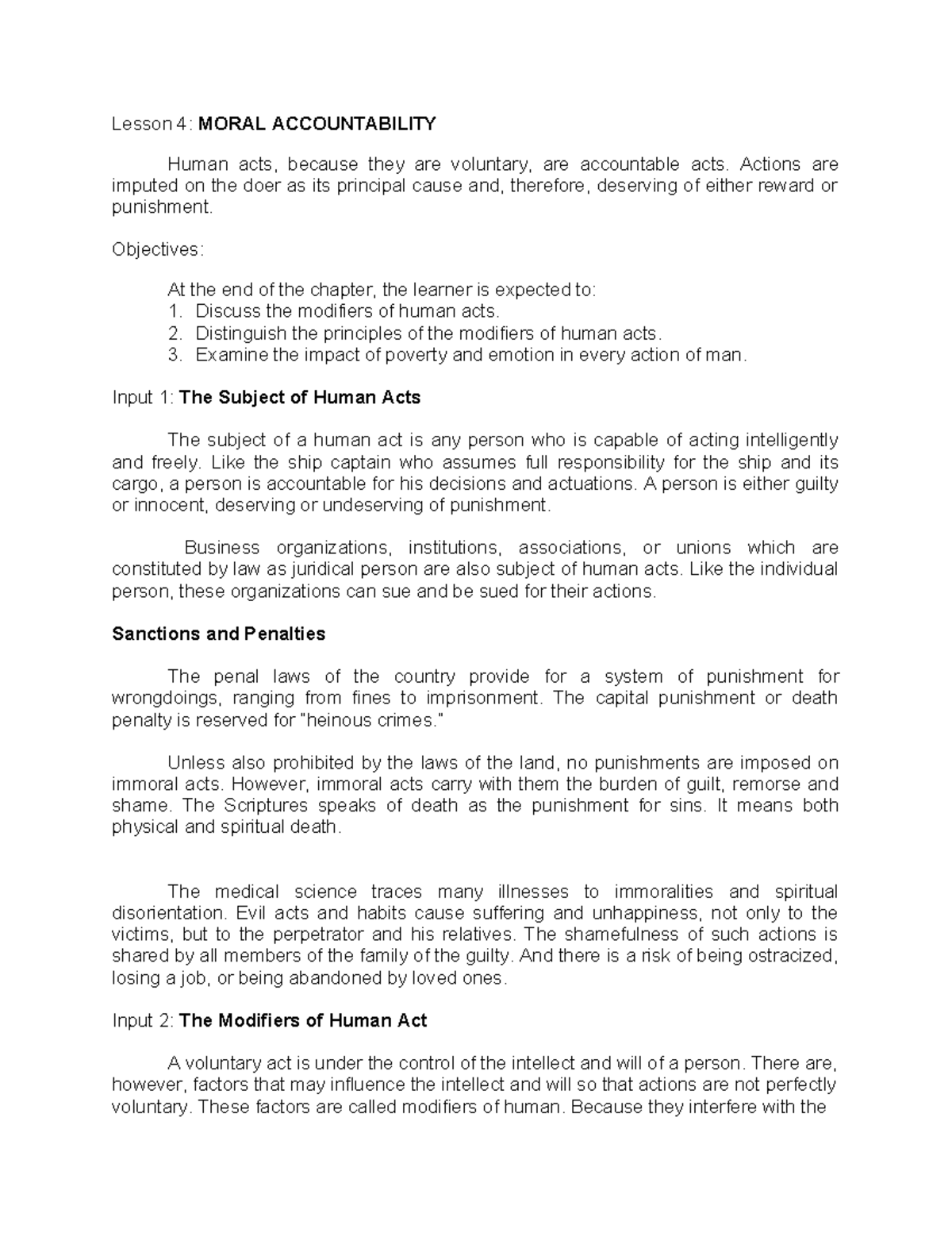 Lesson 4 - ethics module - Lesson 4: MORAL ACCOUNTABILITY Human acts ...