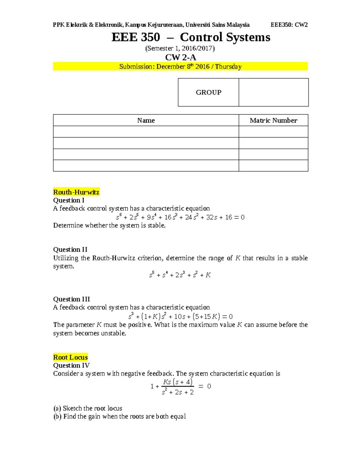 EEE350 - CW2 - PPK Elektrik & Elektronik, Kampus Kejuruteraan ...
