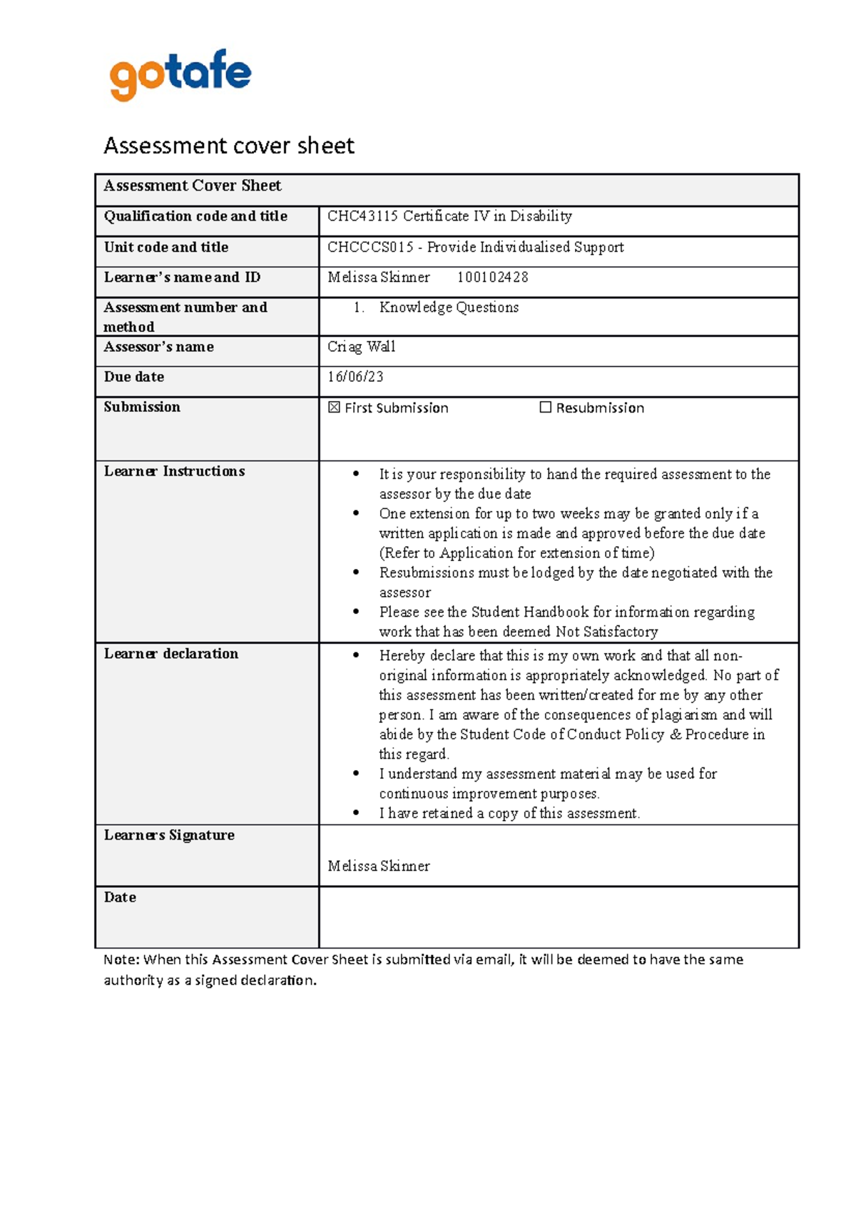 Assement task 1 - assessment questions - Assessment cover sheet ...
