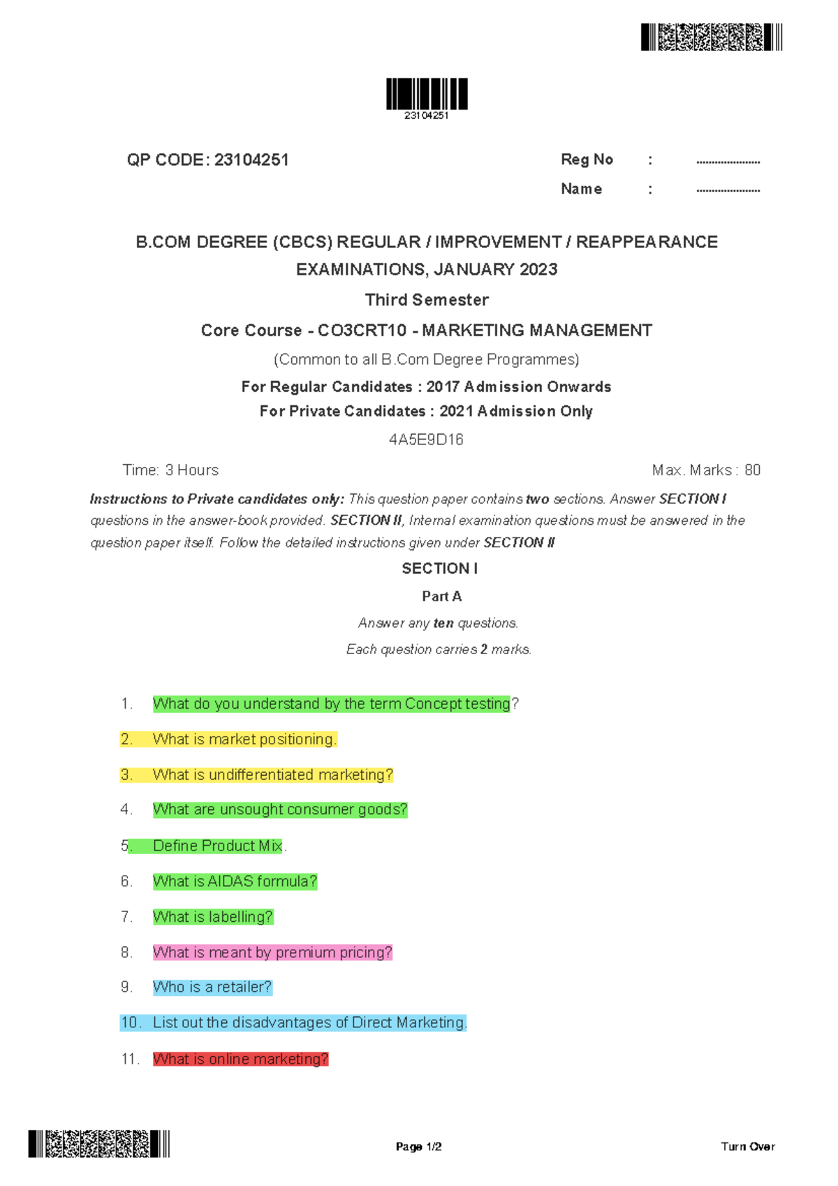 2023 - its previous year qp. - QP CODE: 23104251 Reg No : ..................... Name : - Studocu