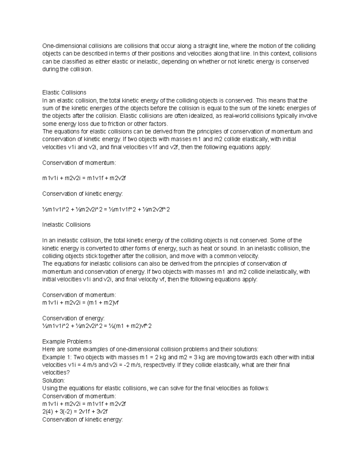 One Dimensional Collisions Notes In This Context Collisions Can Be