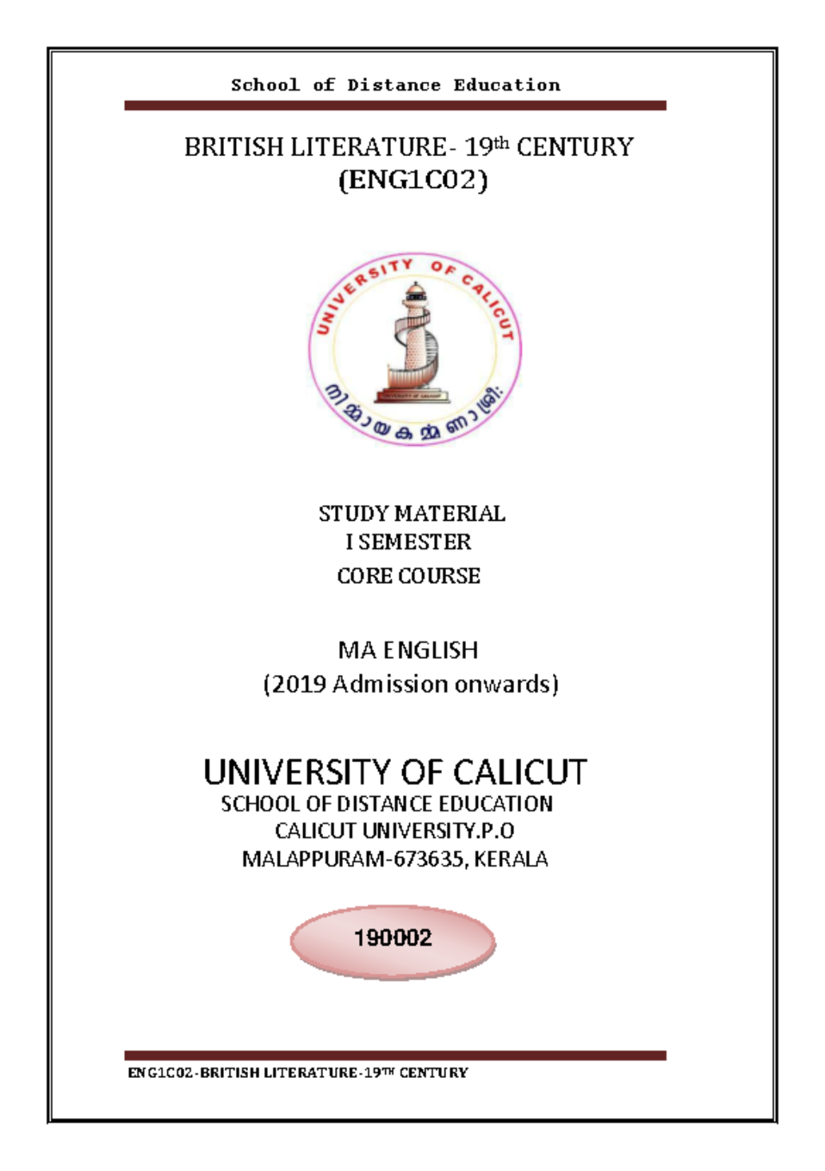 ENG1C02 Original-1 - ENG1C02-BRITISH LITERATURE- 19 TH CENTURY BRITISH ...