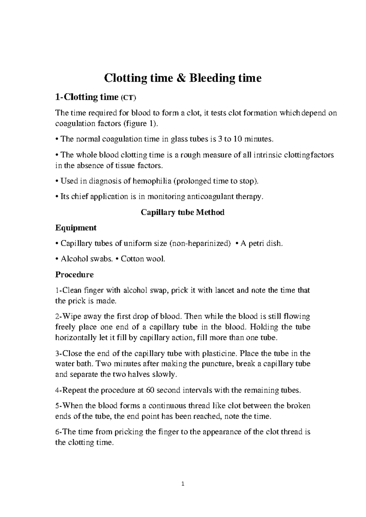 Manual BT and CT 30 - Clotting time & Bleeding time 1-Clotting time (CT ...