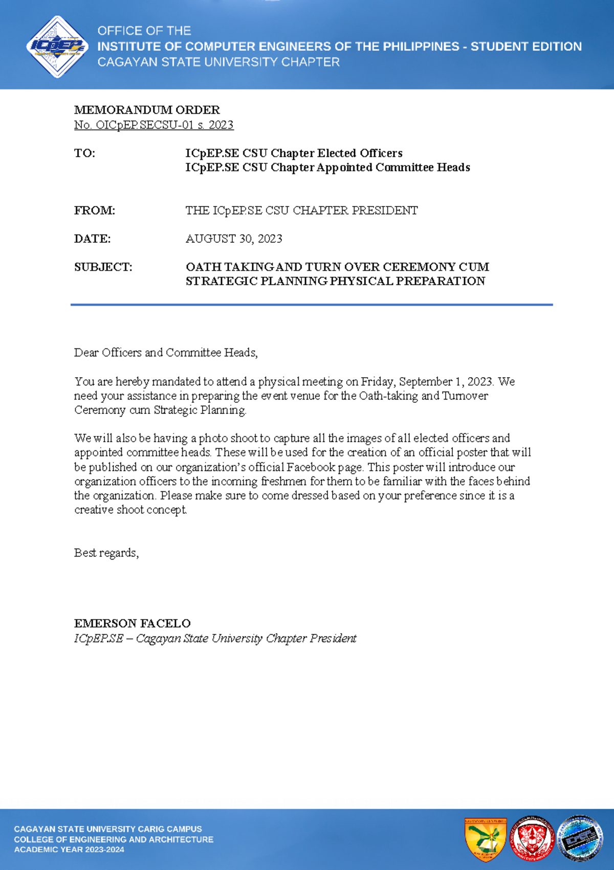 Memo - Sample Memo - MEMORANDUM ORDER No. OICpEP-01 s. 2023 TO: ICpEP ...