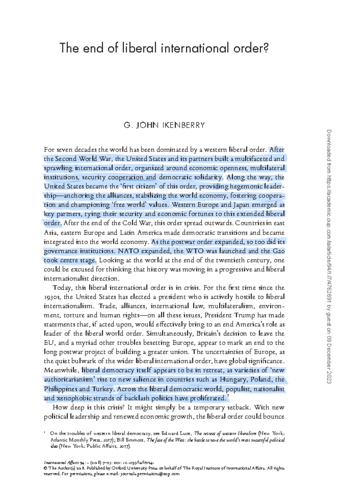 The end of liberal international order - JOHN IKENBERRY International ...