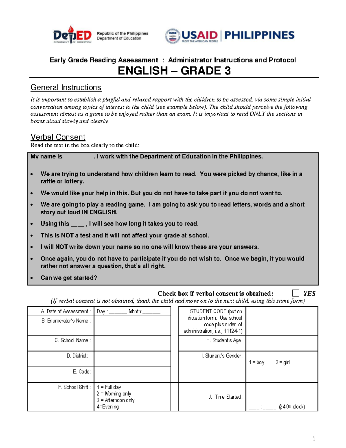 EGRA English- Grade 3 - i dont know - 1 Early Grade Reading Assessment ...