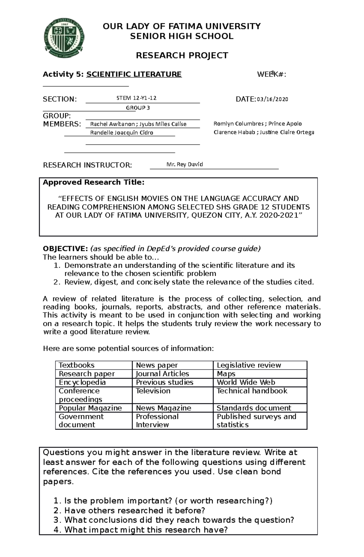 Activity 5 Scientific Literature - OUR LADY OF FATIMA UNIVERSITY SENIOR ...