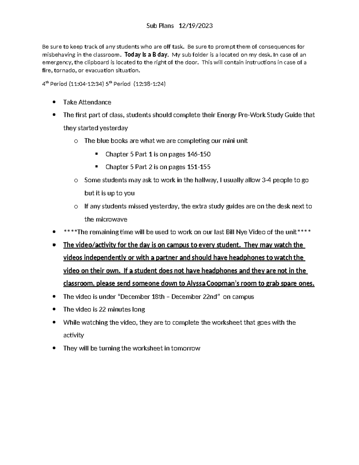 Sub Plans 12-19 - Sub Plans 12/19/ Be sure to keep track of any ...