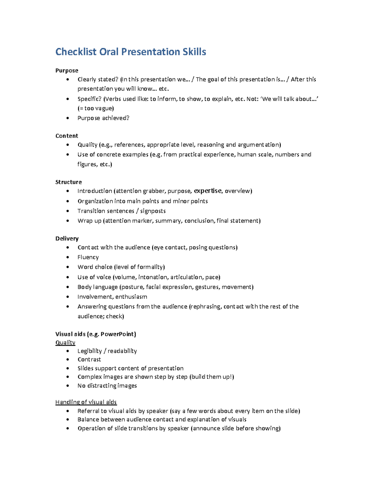 Checklist Oral Presentation Skills - Checklist Oral Presentation Skills ...