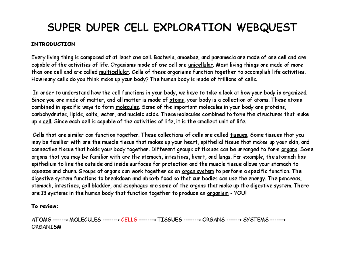 Super Duper CELL Exploration Webquest - SUPER DUPER CELL EXPLORATION ...