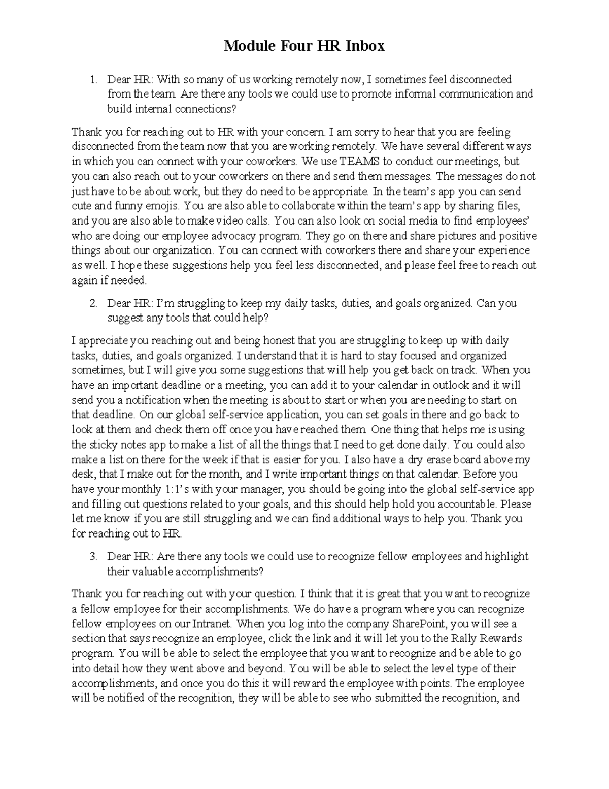 Module Four HR Inbox - Dear HR: With so many of us working remotely now ...