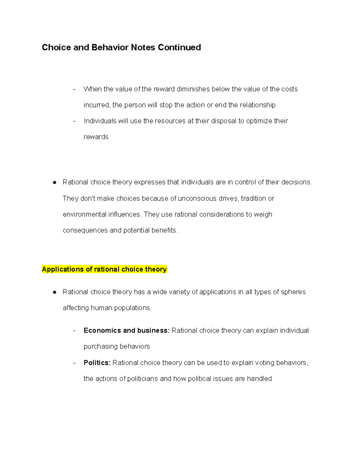 Choice and Behavior Notes Continued 6 - Choice and Behavior Notes ...