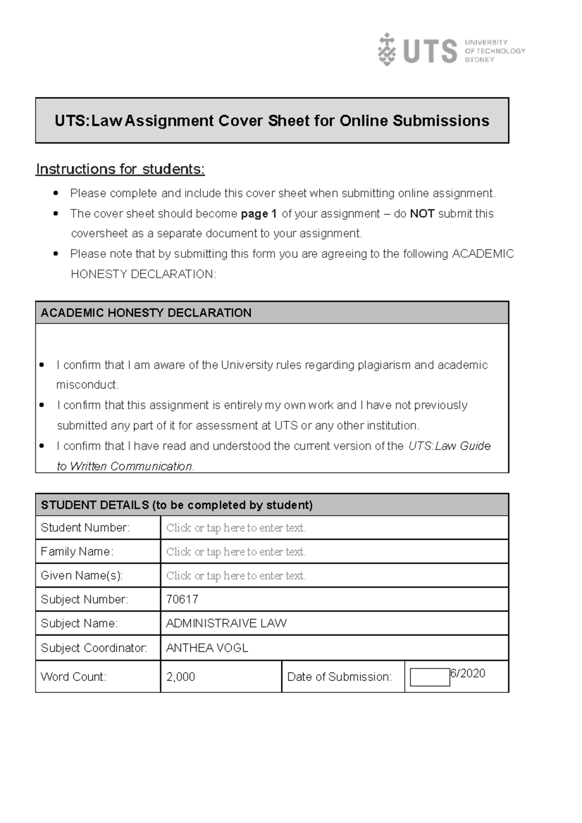Take Home Exam 2020 Autumn - UTS:Law Assignment Cover Sheet for Online ...