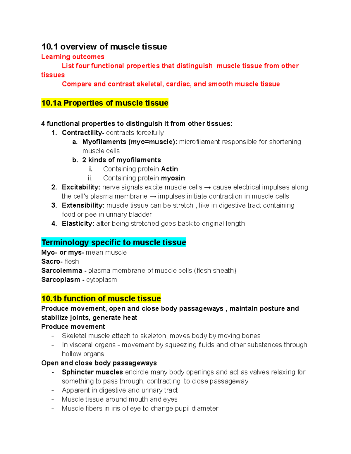 Anatomy ch 10 - ch 10 - 10 overview of muscle tissue Learning outcomes ...