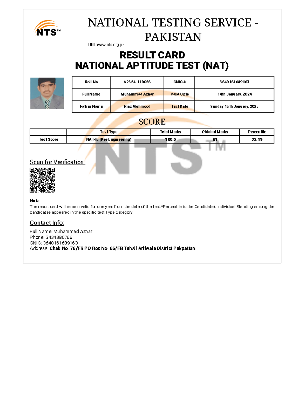 NTS-(NAT) Result Card - Try it - NATIONAL TESTING SERVICE - PAKISTAN ...