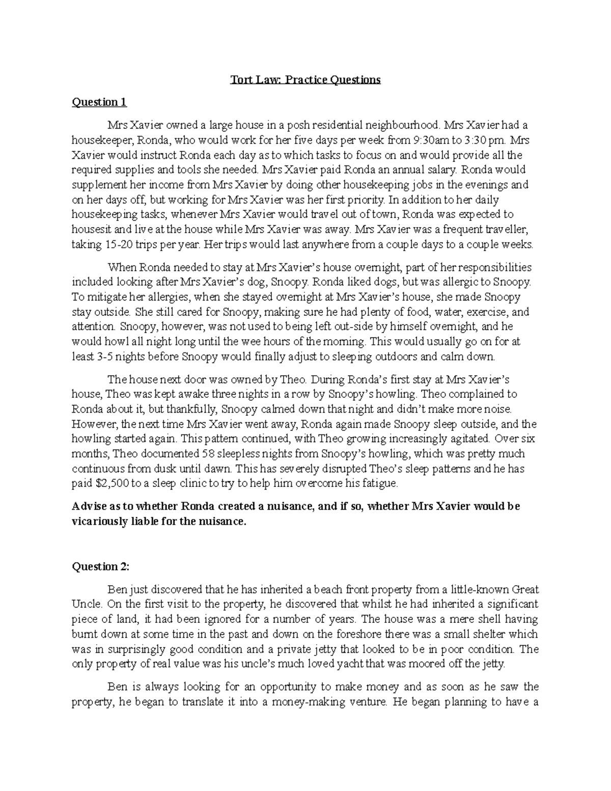 Practice Questions - Tort Law: Practice Questions Question 1 Mrs Xavier ...