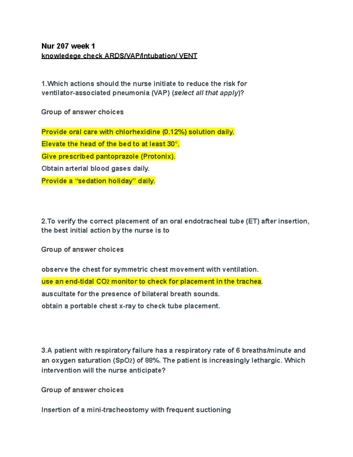 Week 1 Knowledege Check Ards Vap Intubation Vent Nur 207 Week 1