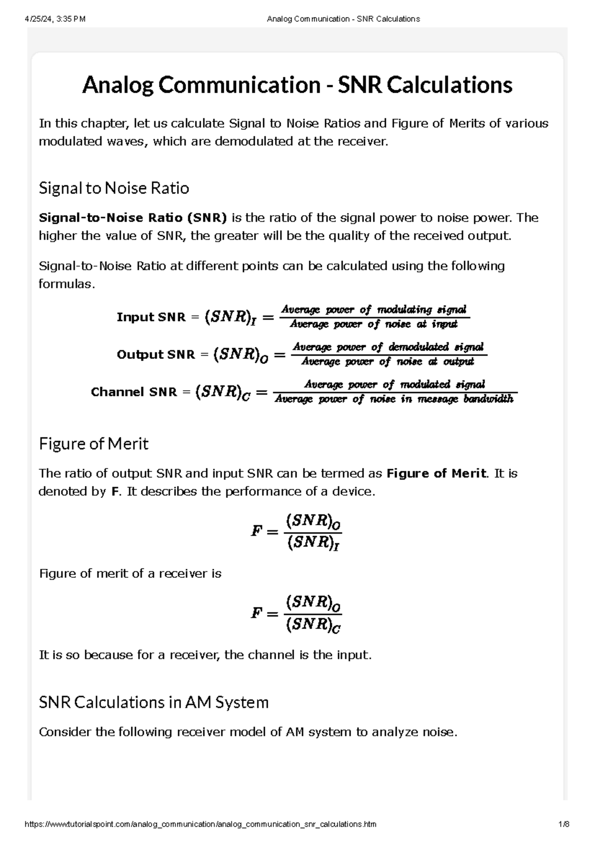 Analog Communication - SNR Calculations - Signal to Noise Ratio Signal ...