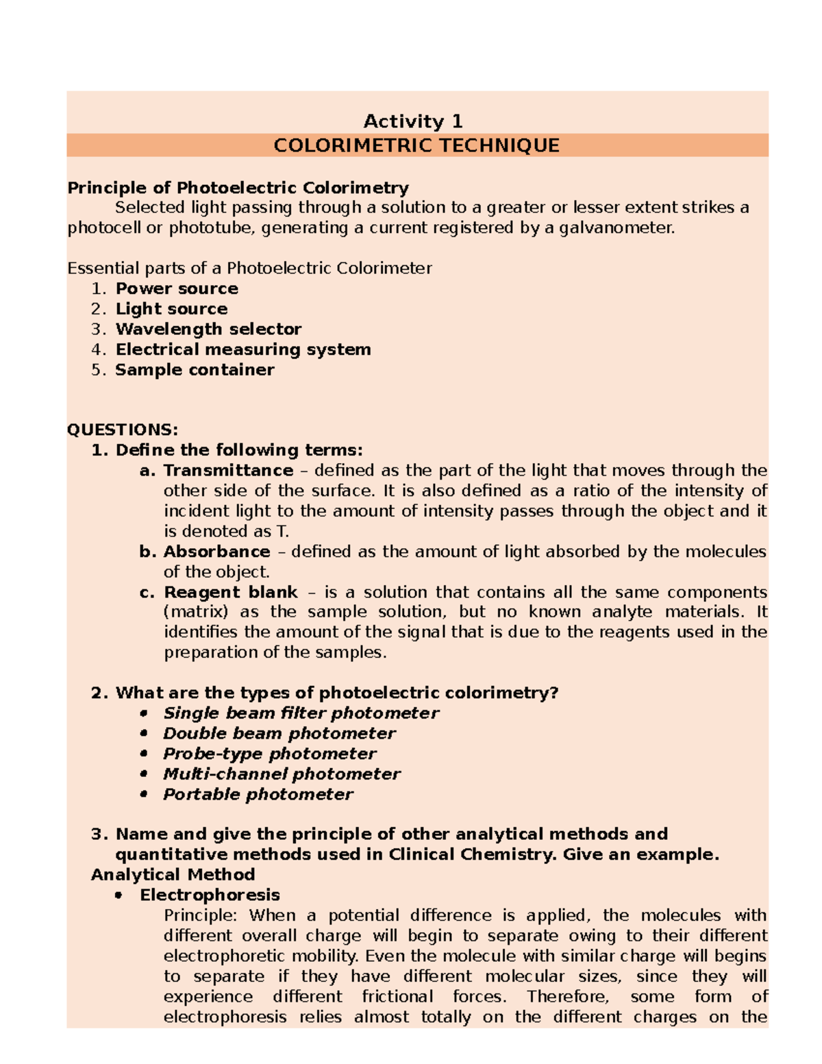 Colorimetric Technique Activity 1 Colorimetric Technique Principle Of Photoelectric