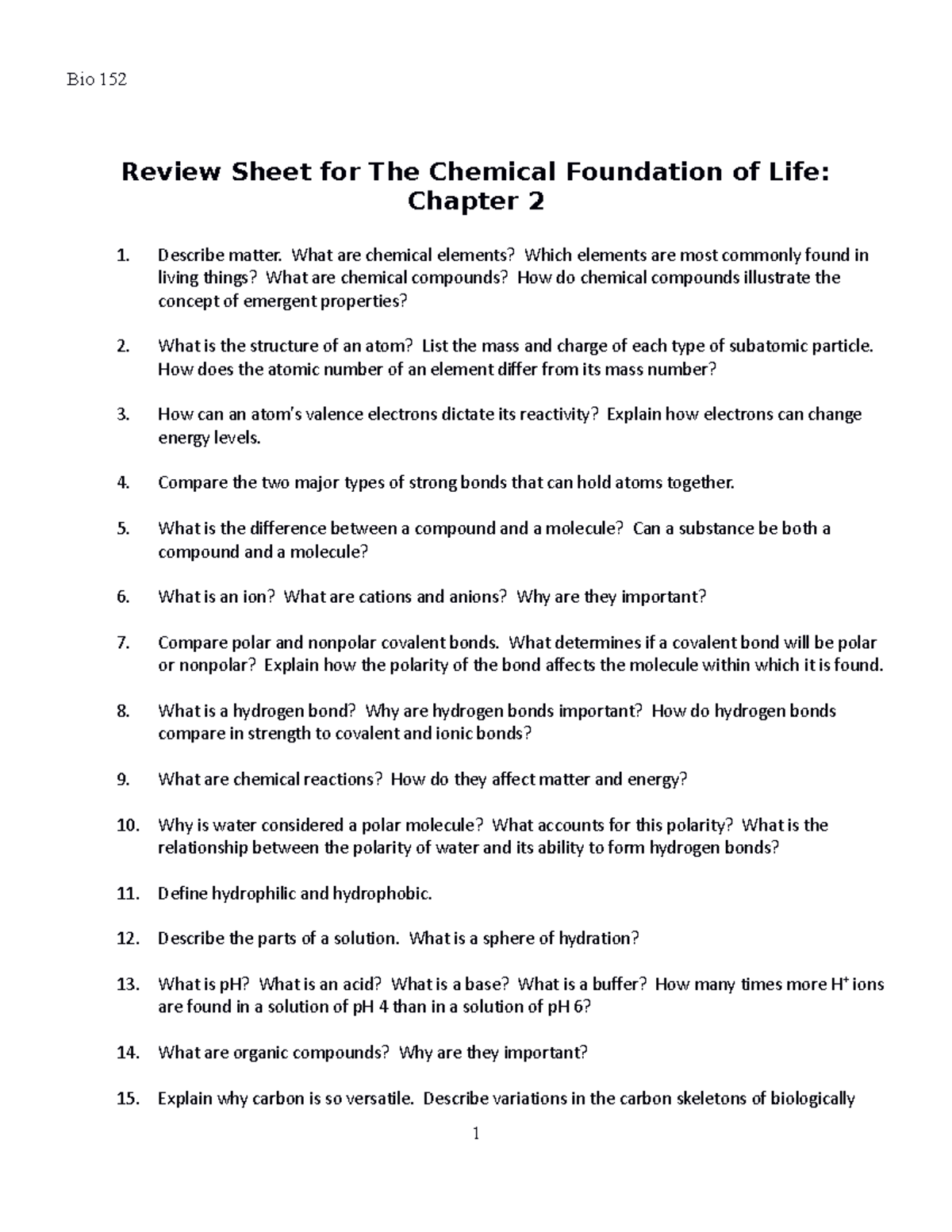 Bio152 Review Sheets Chapter 2 - Bio 152 Review Sheet for The Chemical ...