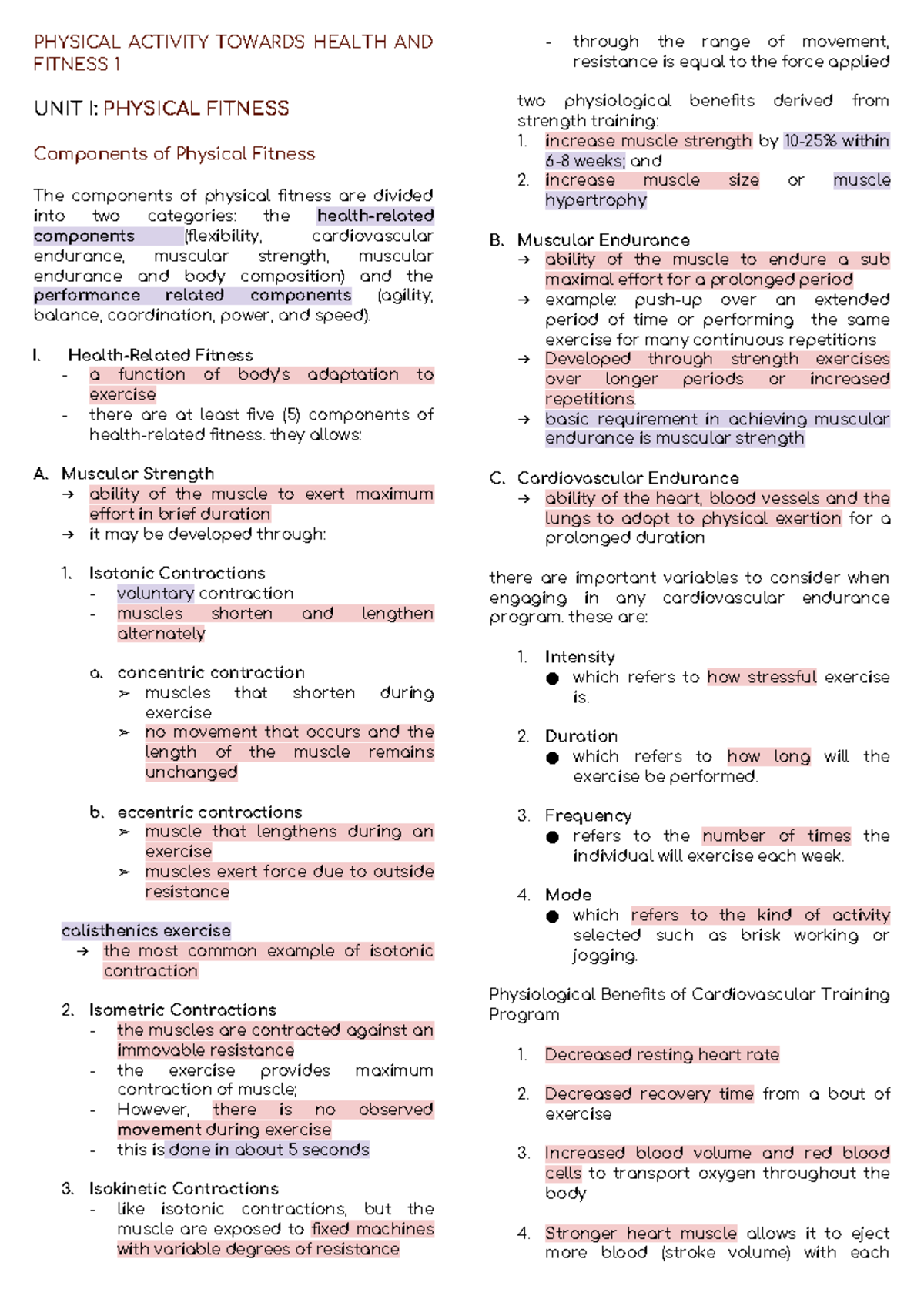 Pathfit Midterm Reviewer - PHYSICAL ACTIVITY TOWARDS HEALTH AND FITNESS 1 UNIT I: PHYSICAL ...