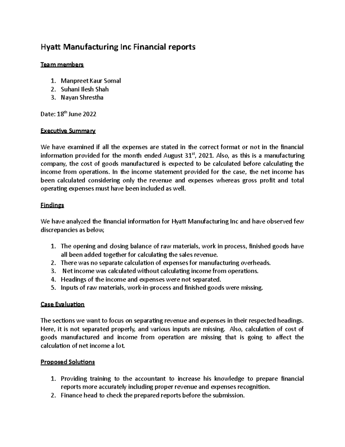 Case 2 - Case 2 - Hyatt Manufacturing Inc Financial reports Team ...