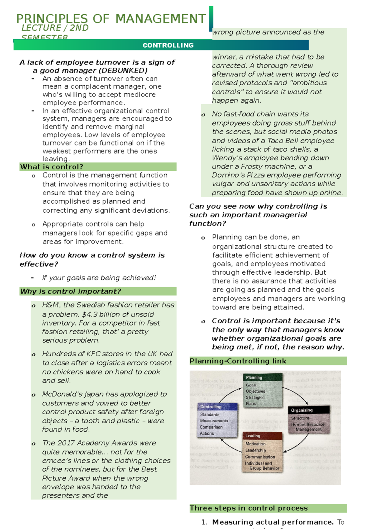 Controlling - lecture - PRINCIPLES OF MANAGEMENT LECTURE / 2ND SEMESTER A lack of employee ...
