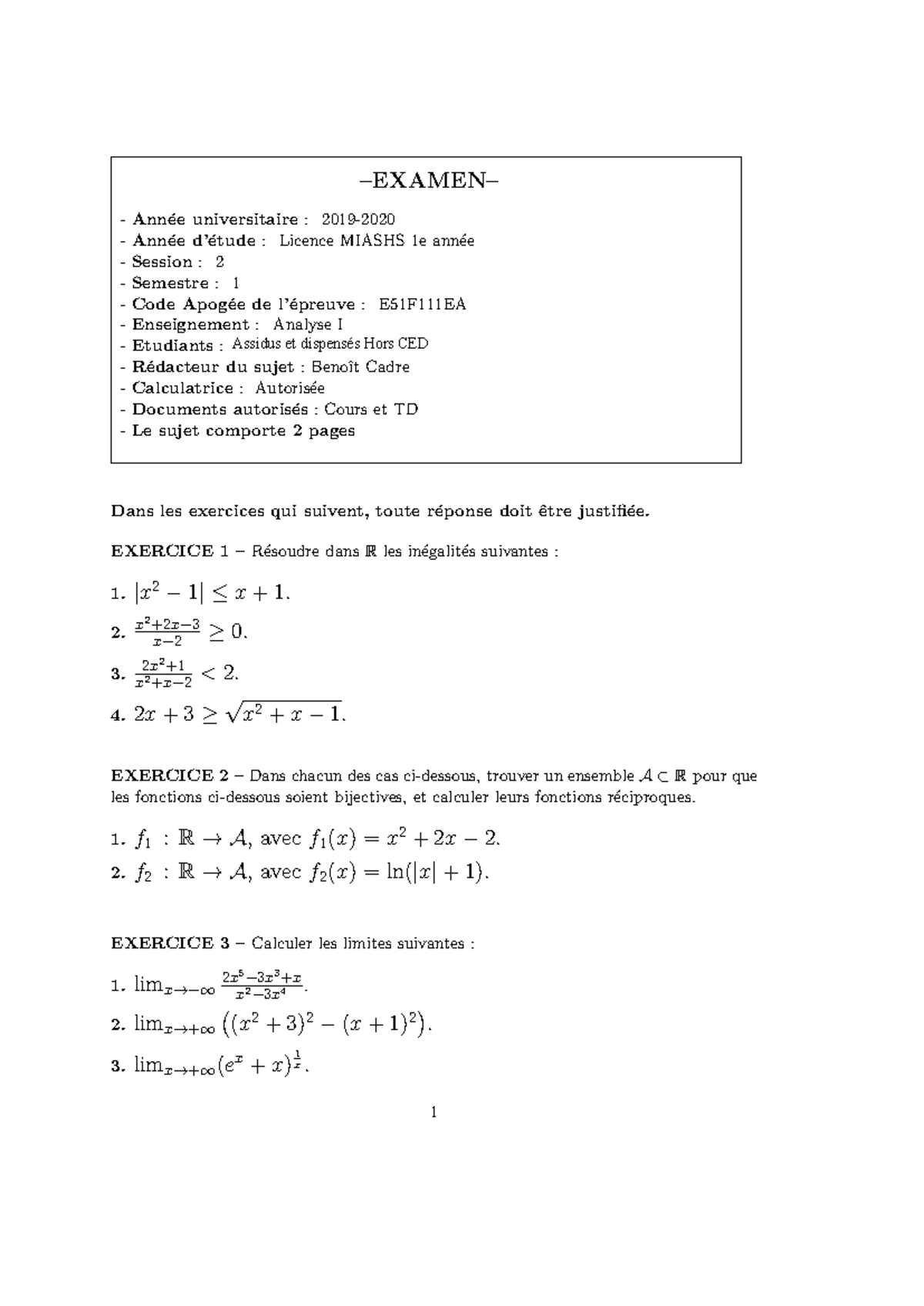 E51F111EA 20 06 dm - Sujet devoir analyse L1 MIASHS Semestre 1 session 2 - –EXAMEN– - Ann ́ee ...