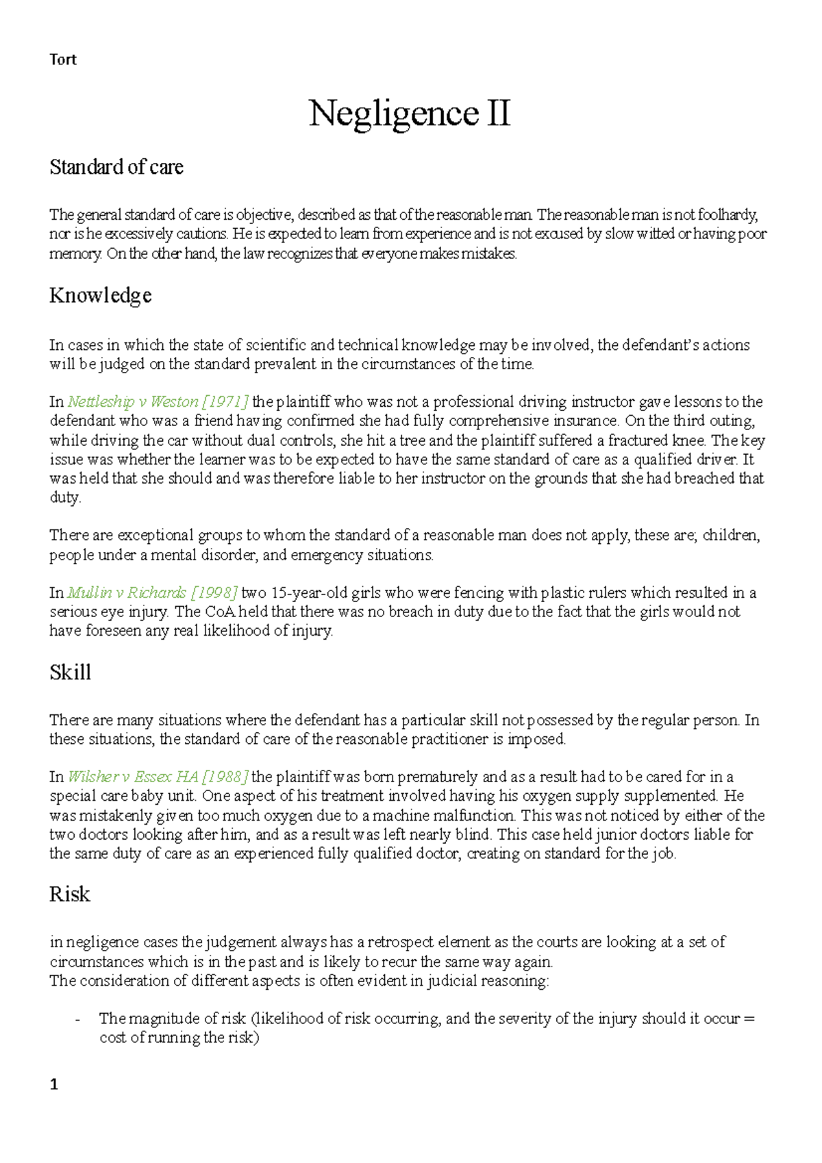 Negligence notes 1 - Negligence II Standard of care The general ...