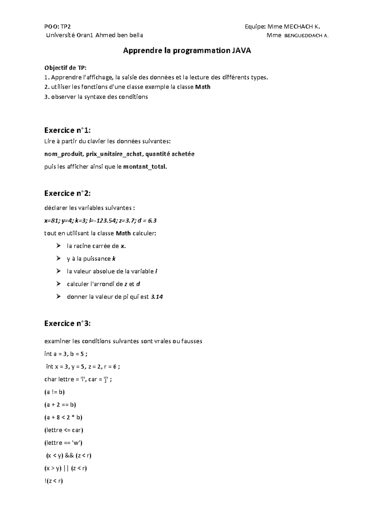 Fiche TP2 POO L2 - POO: TP2 Equipe: Mme MECHACH K. Université Oran1 Ahmed ben bella Mme ...