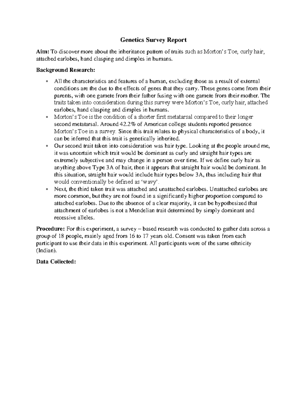 Biology genetics lab report - Genetics Survey Report Aim: To discover ...