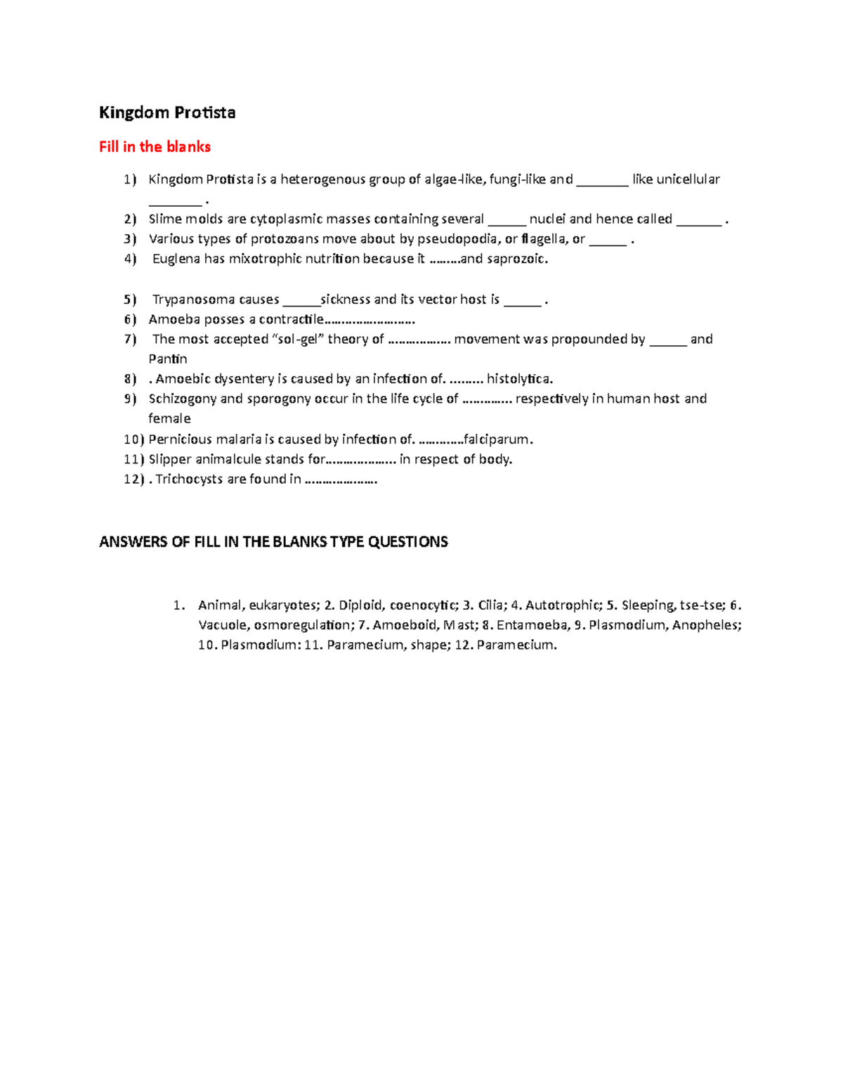 Kingdom Protista practice - Kingdom Protista Fill in the blanks Kingdom ...