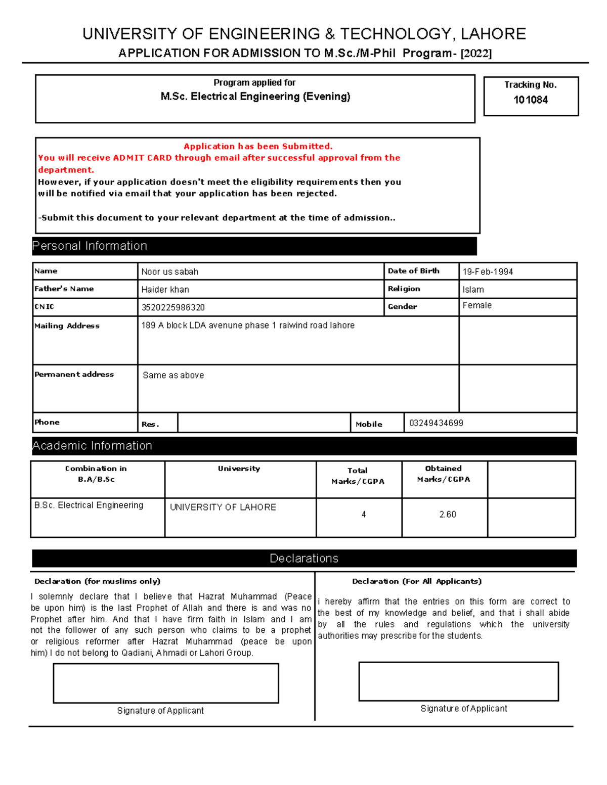 Uet form - Hyyyy - Personal Information Mailing Address Name Father's ...