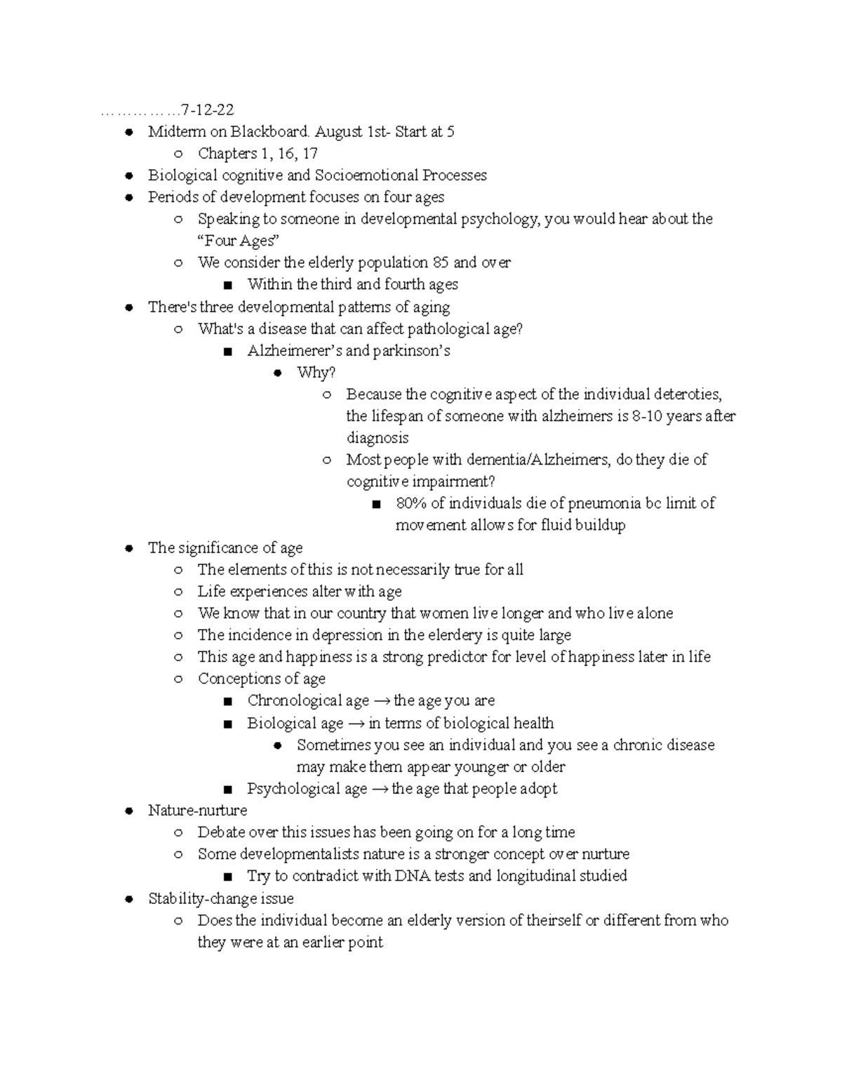 OT 112 Geriatrics - Lecture notes - ..............-12- Midterm on ...
