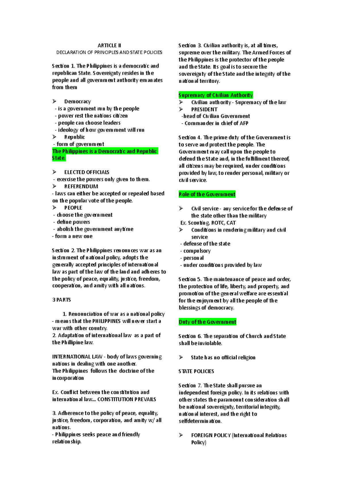 Article-II - Lecture Notes - ARTICLE II DECLARATION OF PRINCIPLES AND ...