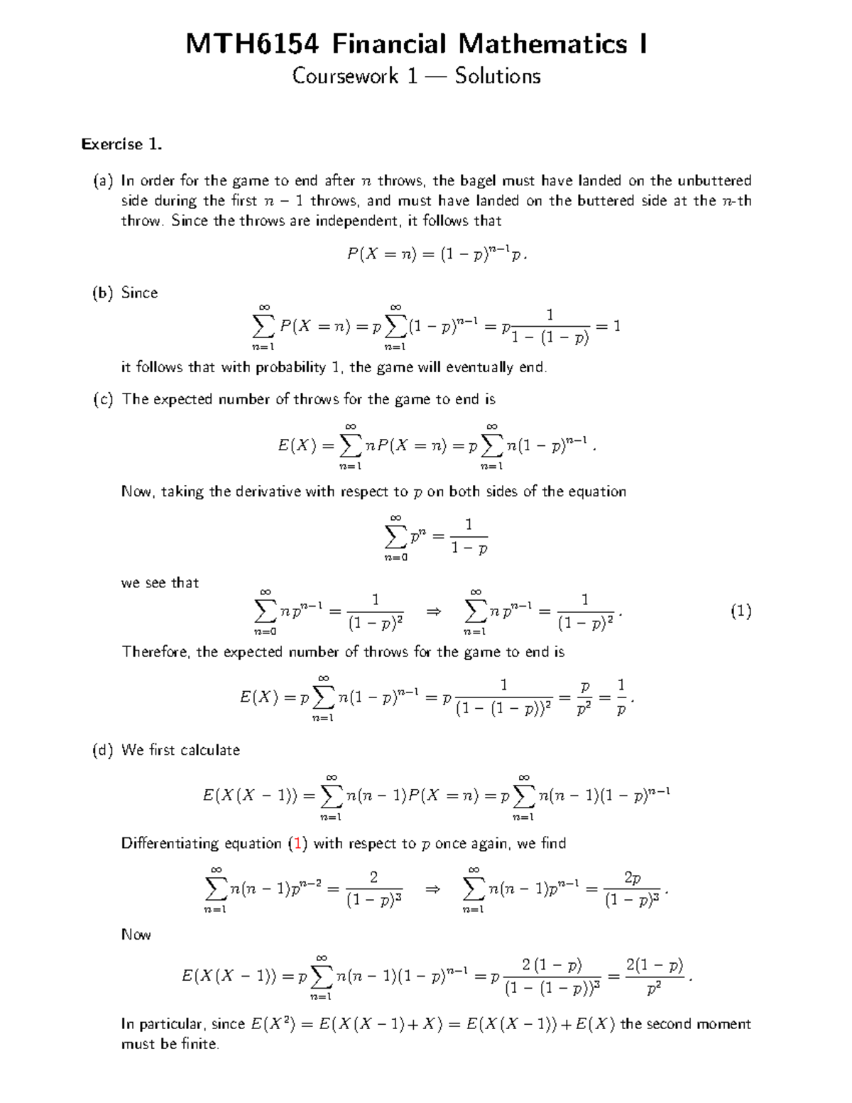 MTH6154 Financial Mathematics I Coursework 1 Solutions - Studocu