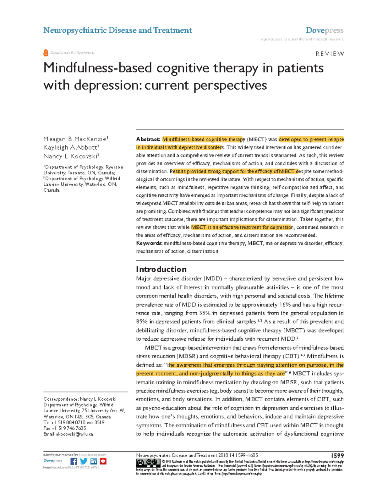 MBCT and Depression - readings w highlighted parts - © 2018 MacKenzie et al. This work is ...