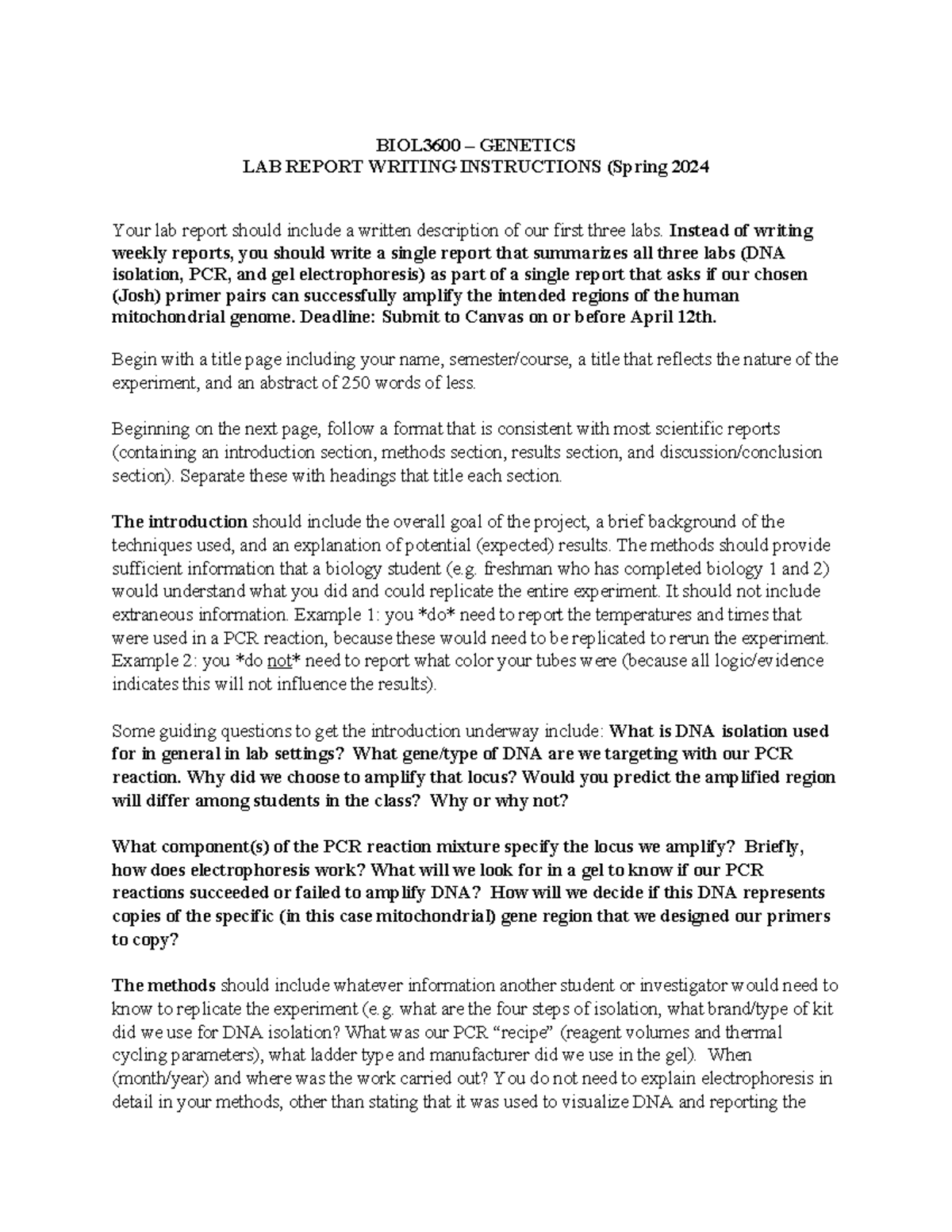 Lab report writing instructions Spring 2024 - BIOL3600 – GENETICS LAB ...