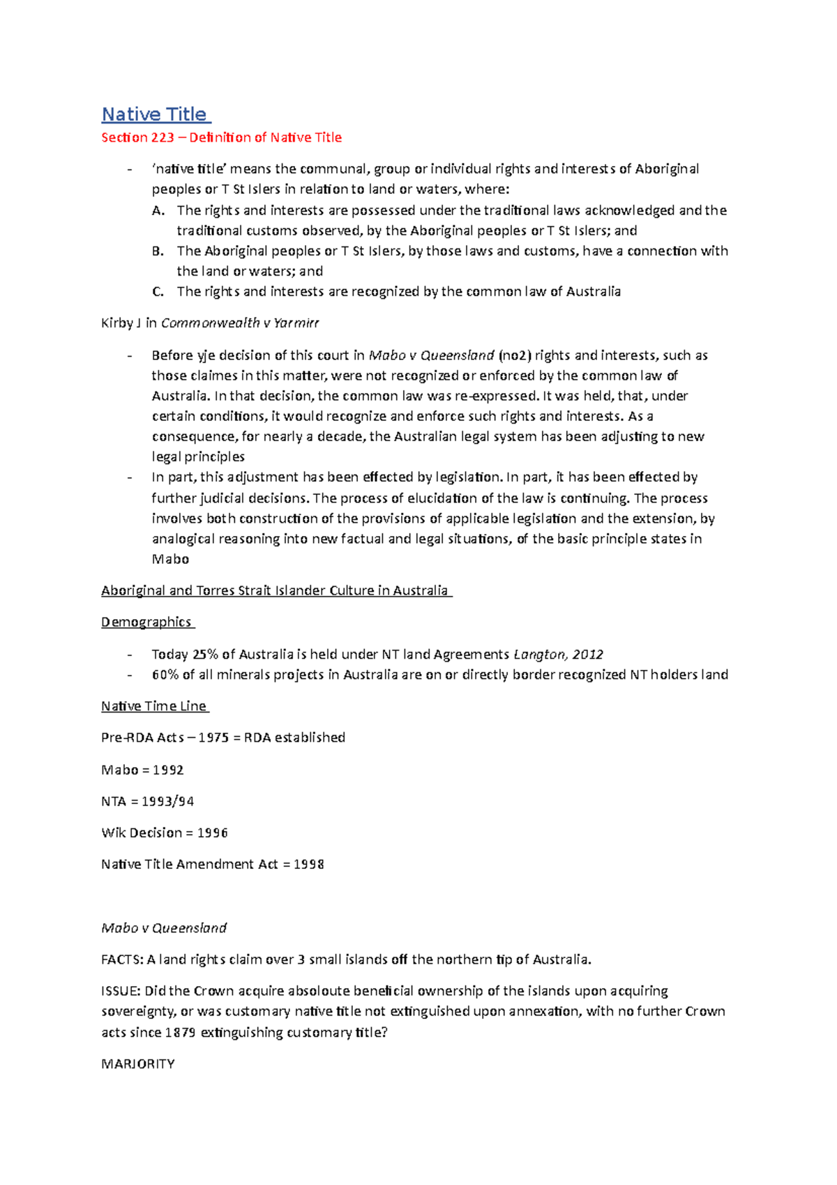 Prop Law Notes - week 6-12 - Native Title Section 223 – Definition of ...