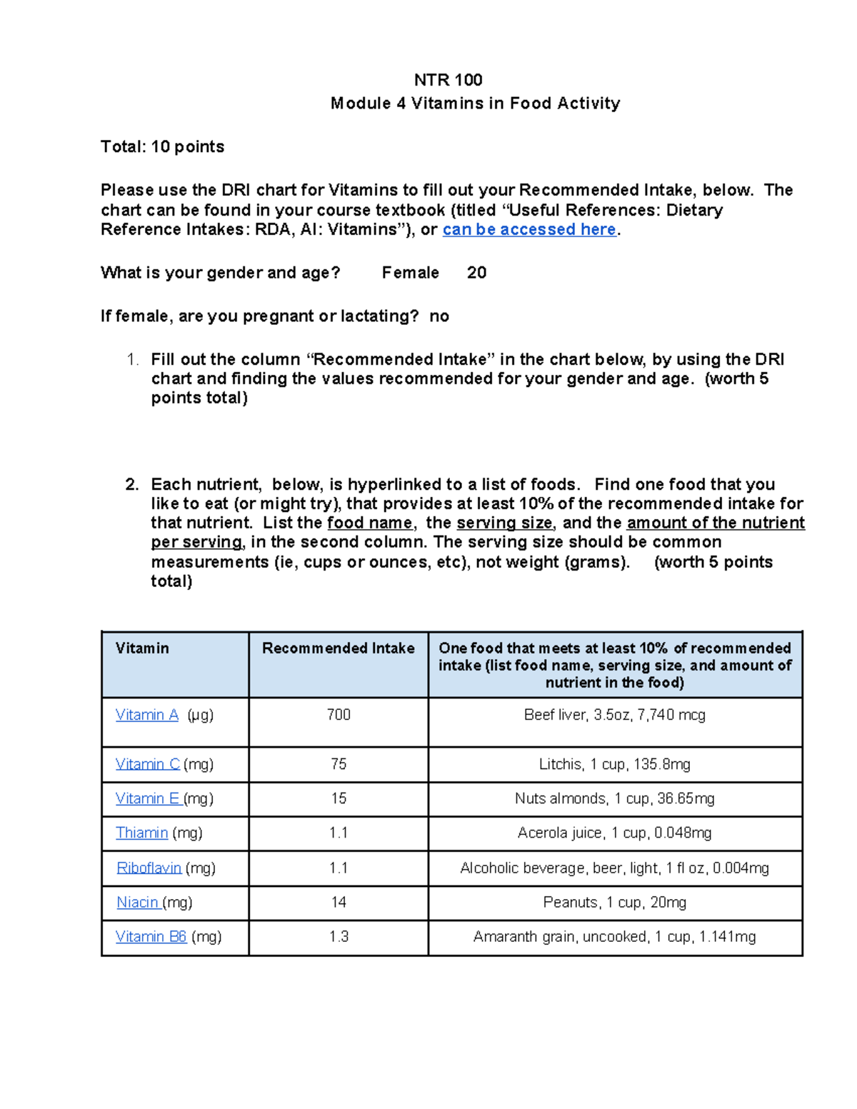 Copy of NTR 100 Vitamins in Food Activity - NTR 100 Module 4 Vitamins ...