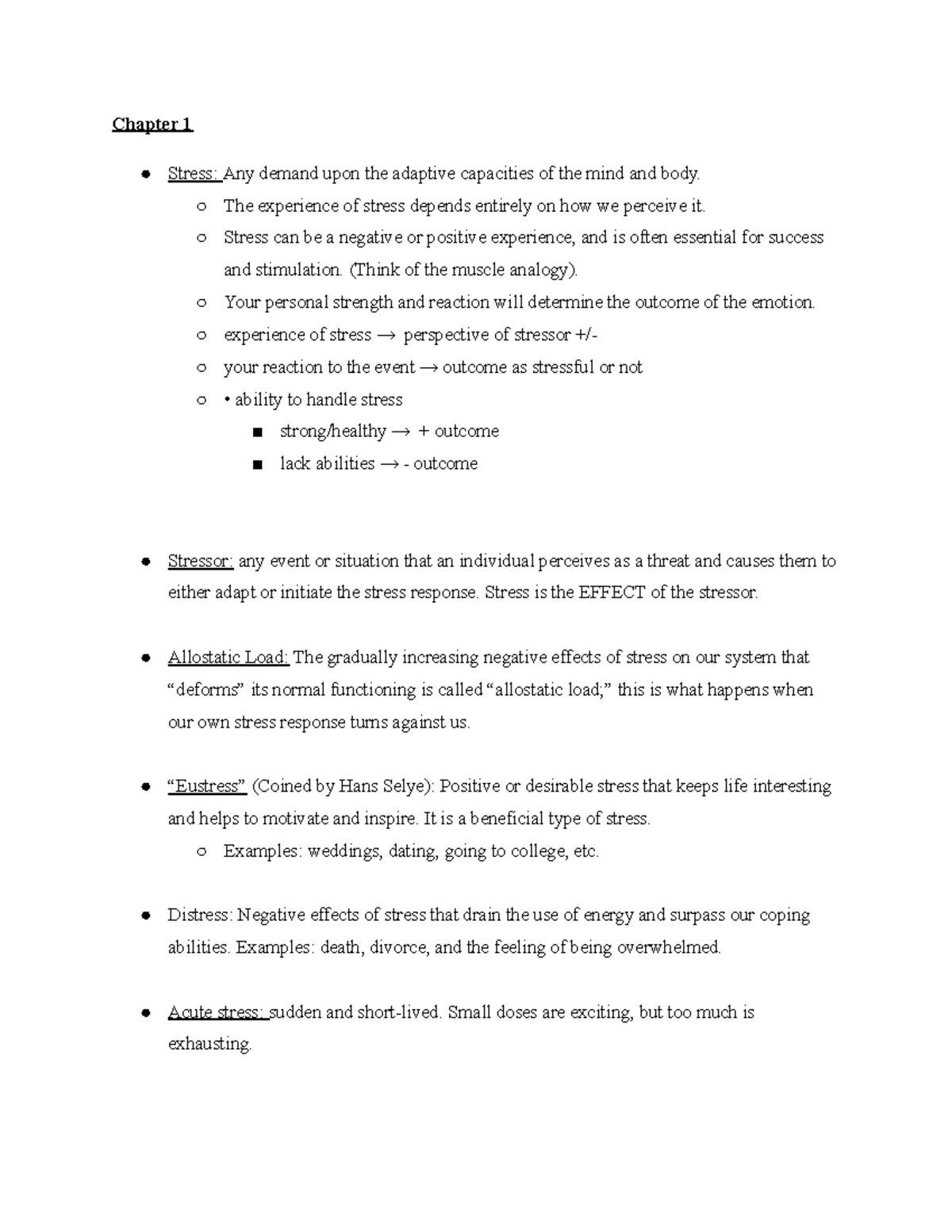 Stress Management notes chapter 1 - Chapter 1 Stress: Any demand upon ...